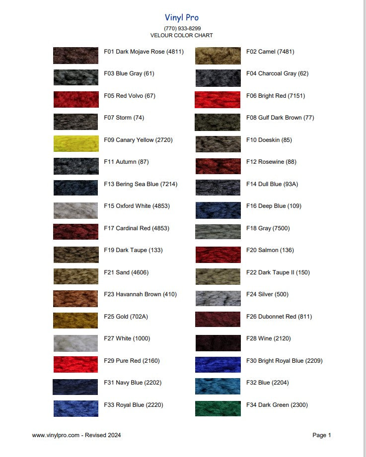 Color Chart - Velour Fibers – Vinyl Pro